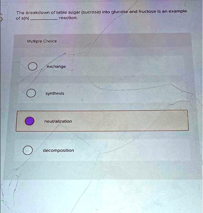 The breakdown of table sugar (sucrose) into glucose and fructose is an ...