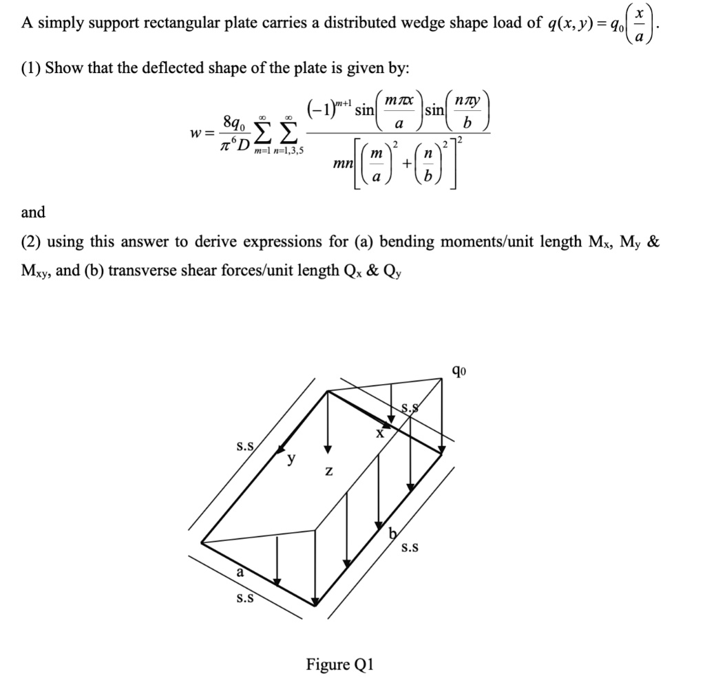 A simply support rectangular plate carries a distributed wedge shape load of q(x, y) = q0 (x)/(a ...
