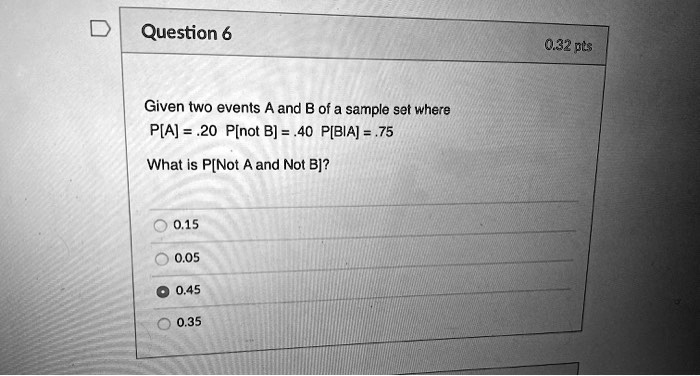 SOLVED: Question 6 0.32 pt; Given two events and B of a sample set where PIA] =.20 P[not B ...
