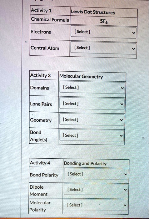 SOLVED: Activity 1 Lewis Dot Structures Chemical Formula SFs Electrons ...
