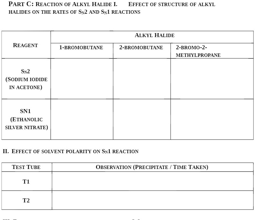 PART C: REACTION OF ALKYL HALIDE I. EFFECT OF STRUCTURE OF ALKYL ...