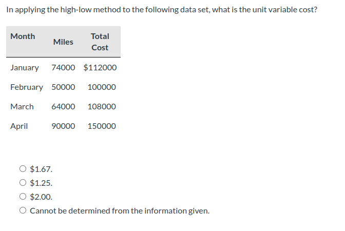 SOLVED: In applying the high-low method to the following data set, what is the unit variable ...