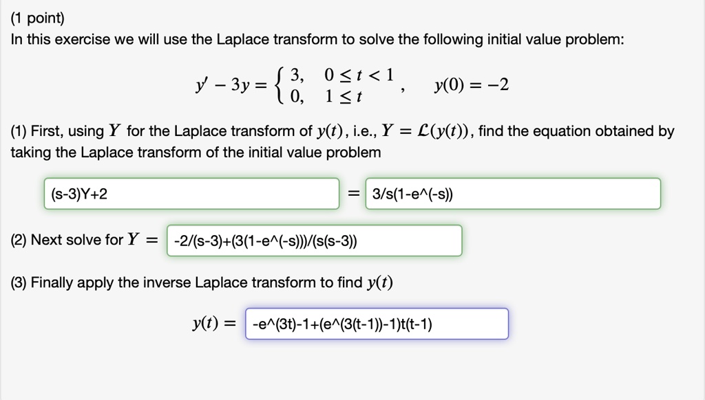 SOLVED:point) In this exercise we will use the Laplace transform to solve the following initial ...
