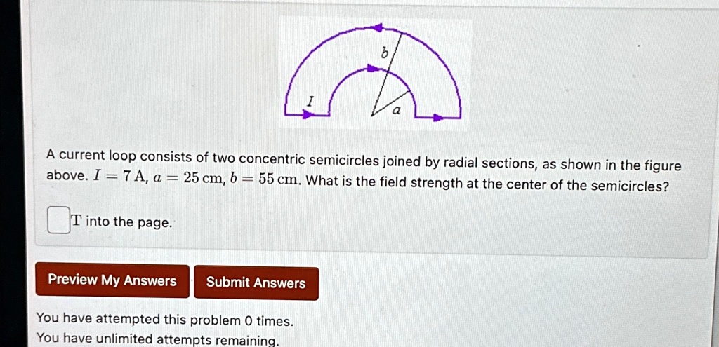 A current loop consists of two concentric semicircles joined by radial sections, as shown in the ...
