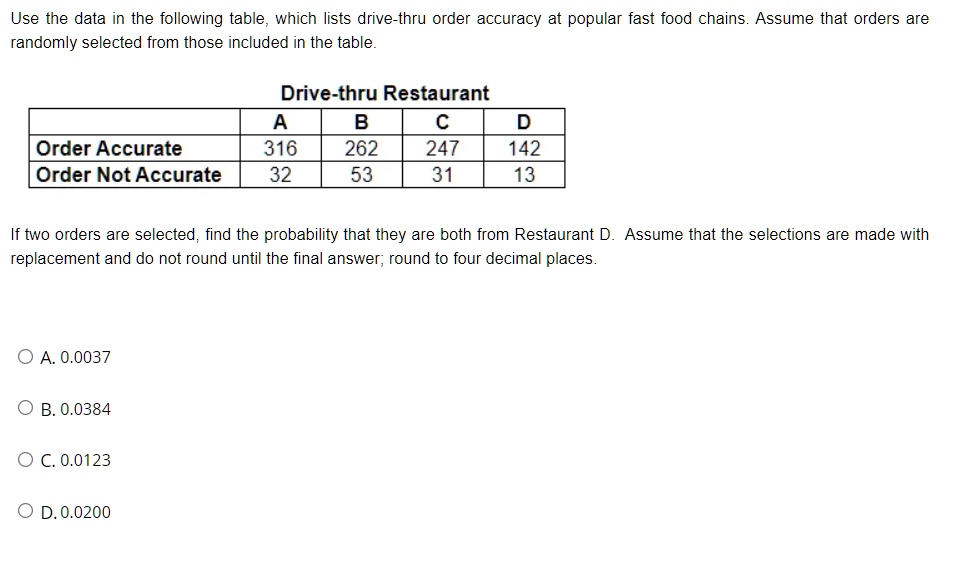 SOLVED: Use the data in the following table which lists drive-thru order accuracy at popular ...