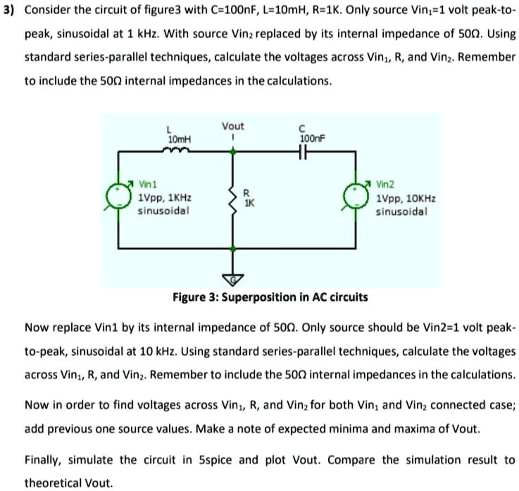 SOLVED: Consider the circuit of Figure 3 with C = 100nF, L = 10mH, R = 1K. Only source Vin = 1 ...