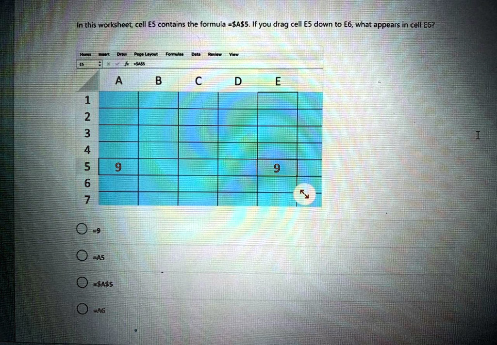 SOLVED: In this worksheet, cell ES contains the formula =A5. If you drag cell E5 down to E6 ...