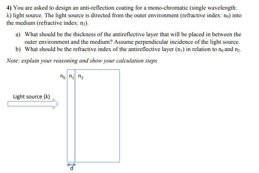 SOLVED:4) You are asked to design an anti-reflection coating for a mono ...