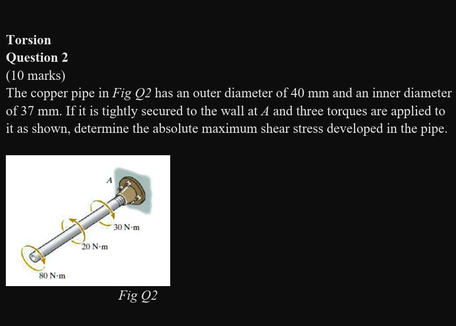 SOLVED: Torsion Question 2 (10 marks) The copper pipe in Fig Q2 has an ...