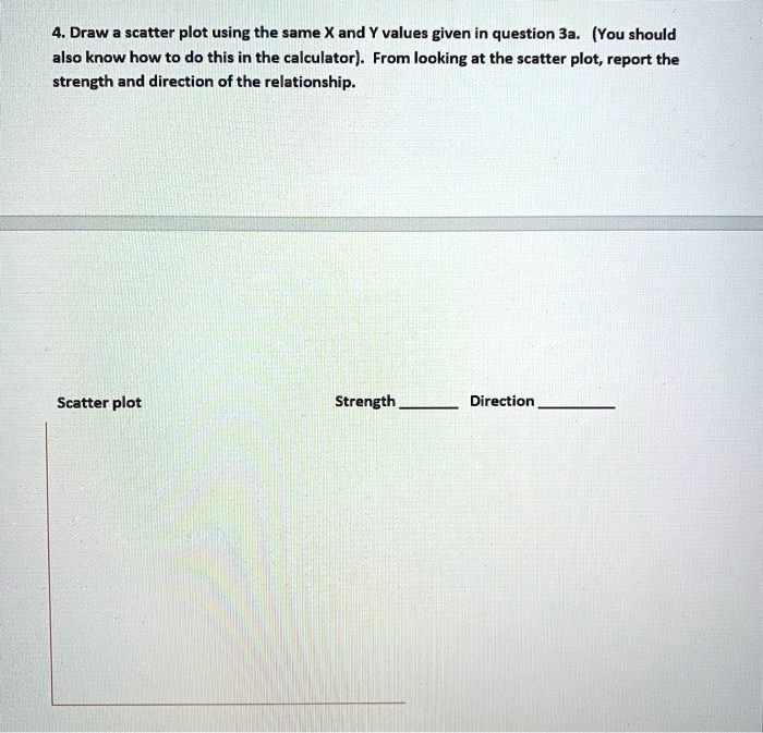 SOLVED: 4. Draw scatter plot using the same Xand Y values given in question 3a (You should also ...
