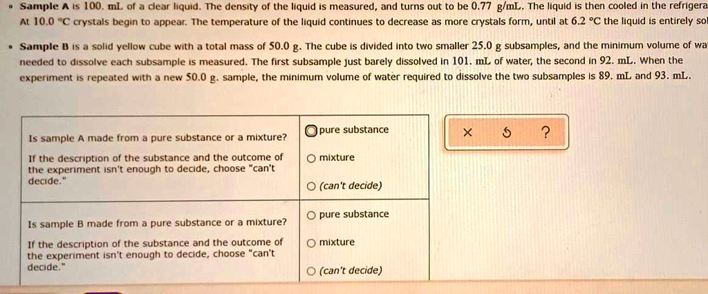 Sample B is a solid yellow cube with a total mass of 50.0 g. The cube is divided into two ...
