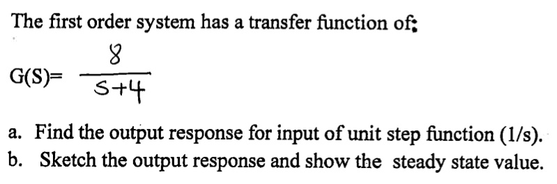 SOLVED: The first order system has a transfer function of: G(S)= h+s a. Find the output response ...