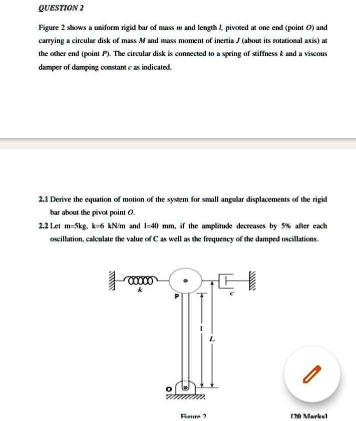 SOLVED: QUESTION 2 Figure 2 shows a uniform rigid bar of mass m and length l, pivoted at one end ...