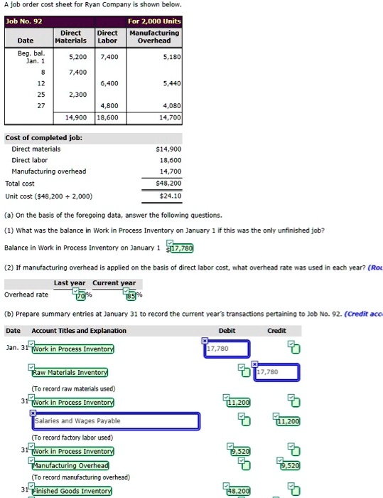 a fob order cost sheet for ryan company is shown below job no92 for 2000 units direct direct ...