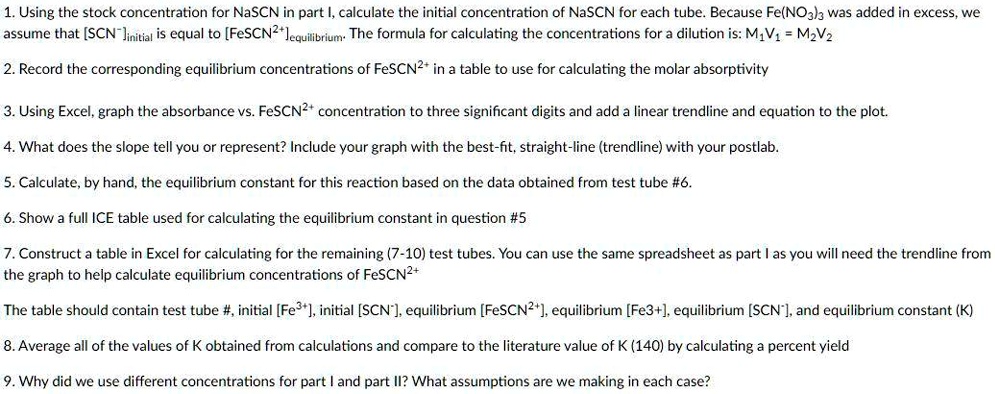 SOLVED: Using the stock concentration for NaSCN in part I, calculate ...