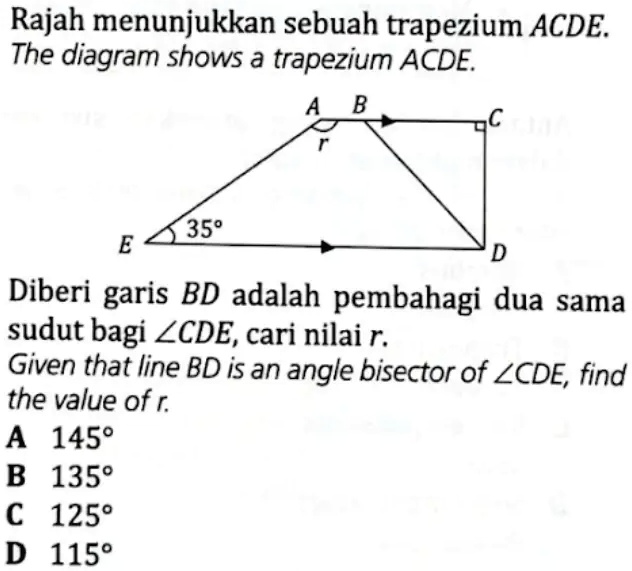 The diagram shows a trapezium ACDE. Given that line BD is an angle bisector of ZCDE, find the ...