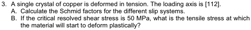 SOLVED: A single crystal of copper is deformed in tension. The loading ...