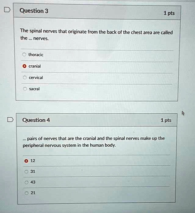 SOLVED: Texts: Question3 1pts The spinal nerves that originate from the ... SOLVED: Texts: Question3 1pts The spinal nerves that originate from the ...