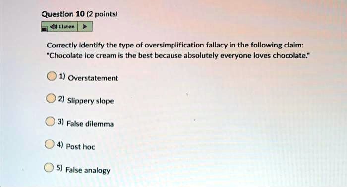 Question 10 (2 points) Listen Correctly identify the type of ...