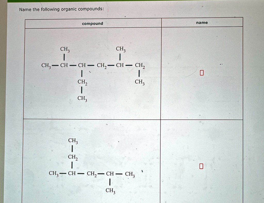 name the following organic compounds compound ch3 ch3 name ch3 ch3 ch ch ch2 ch ch2 ch2 ch3 ch3 ...