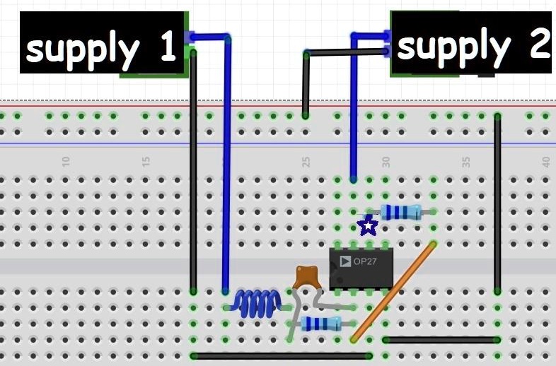Draw the circuit with the right Op-Amp. Supply 1. Supply 2. 017. OP27.