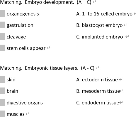 Matching. Embryo development. (A - C) organogenesis gastrulation A. 1 ...