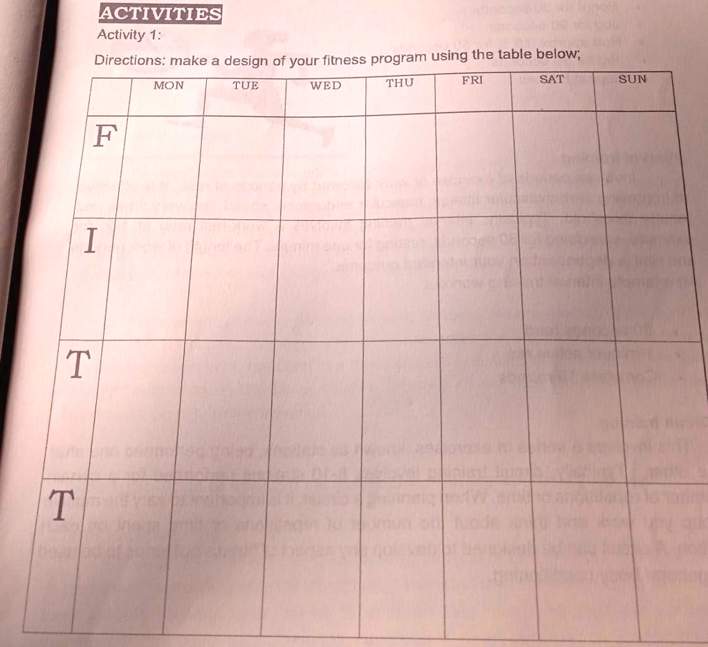 ACTIVITIES Activity 1: Directions: make a design of your fitness program using the table below ...
