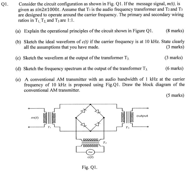 Q1. Consider the circuit configuration as shown in Fig. Q1. If the message signal, m(t), is ...