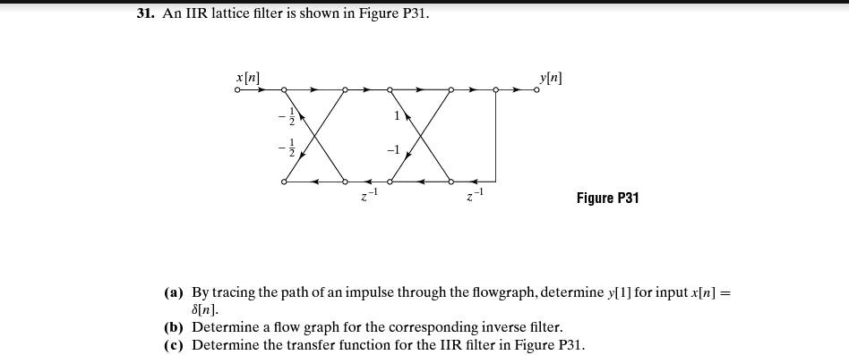 31. An IIR lattice filter is shown in Figure P31. x[n] 1 1 1 -1 y[n] -1 z?¹ z?¹ Figure P31 (a ...