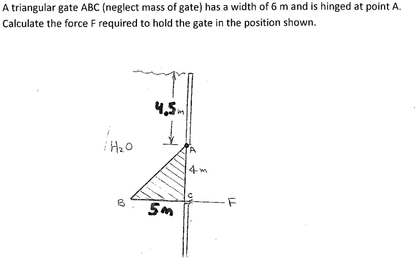 SOLVED: A triangular gate ABC (neglect mass of gate) has a width of 6 m and is hinged at point A ...