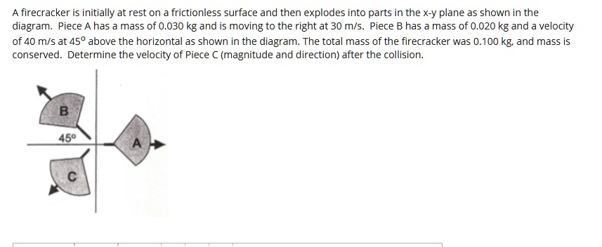SOLVED: A firecracker is initially at rest on frictionless surface and then explodes into parts ...