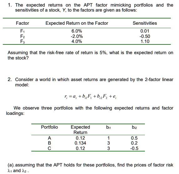 SOLVED: The expected returns on the APT factor mimicking portfolios and ...