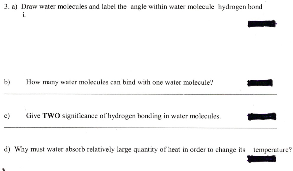SOLVED: '3 a) Draw water molecules and label the angle within water ...