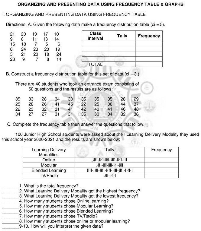 SOLVED: Organizing and presenting data using frequency table Directions: A. Given the following ...