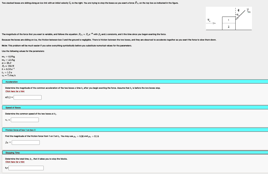 Two stacked boxes are sliding along an ice rink with an initial ...