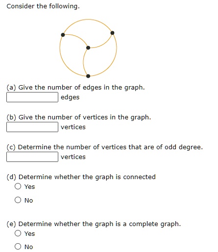 SOLVED: Consider the following Give the number of edges in the graph. edges Give the number of ...