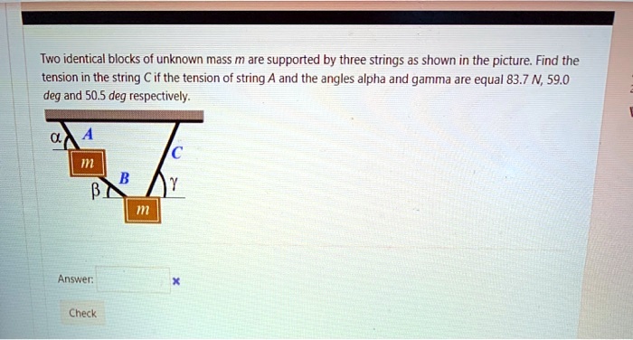 SOLVED: Two identical blocks of unknown mass m are supported by three strings as shown in the ...