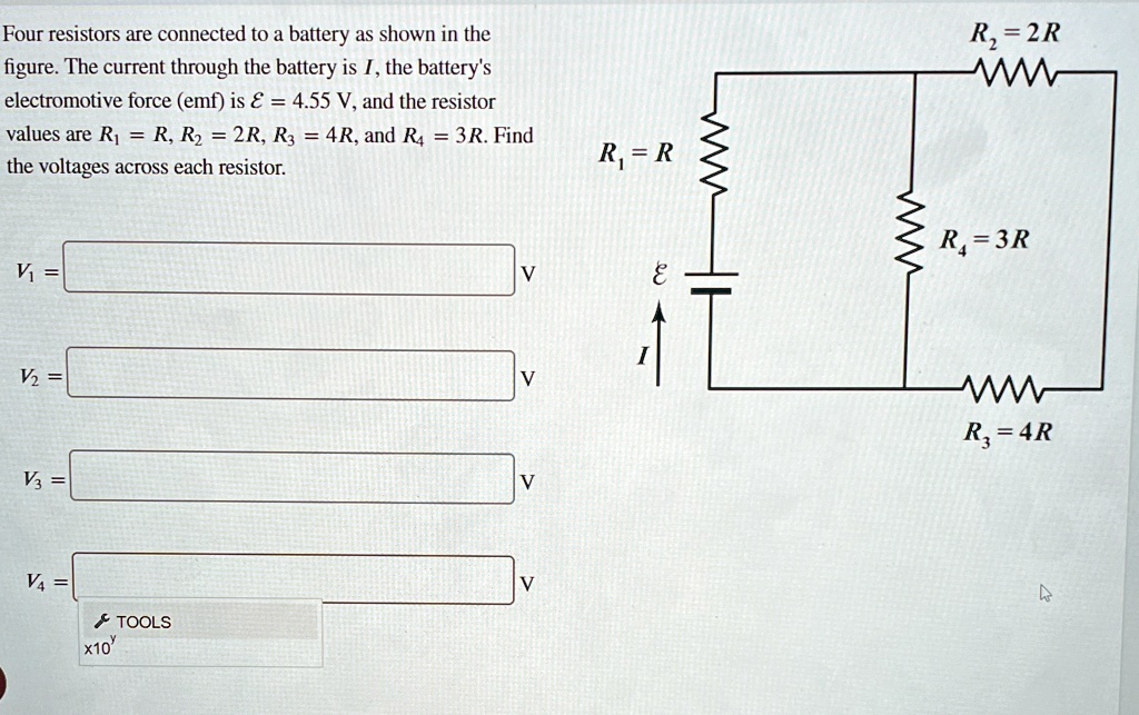 four resistors are connected to a battery as shown in the figure the current through the battery ...