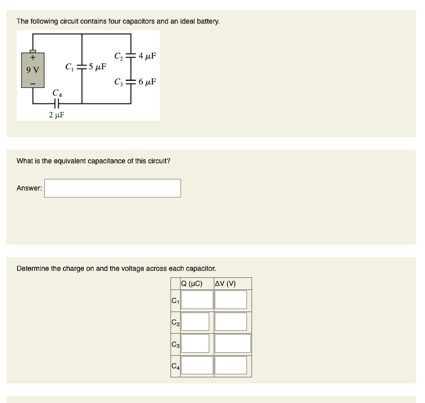 SOLVED: The following circuit contains four capacitors and an ideal battery: Cz 5 pF 4 pF C1 6 ...