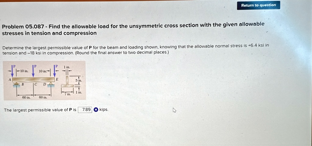 Problem 05.087 - Find the allowable load for the unsymmetric cross ...