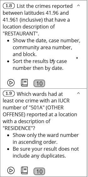 1.8 List the crimes reported between latitudes 41.96 and 41.961 ...
