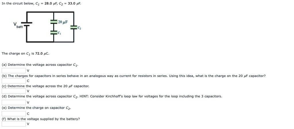 SOLVED: In the circuit below, C1 = 28.0 F, C2 = 33.0 F. 20 F batt The ...