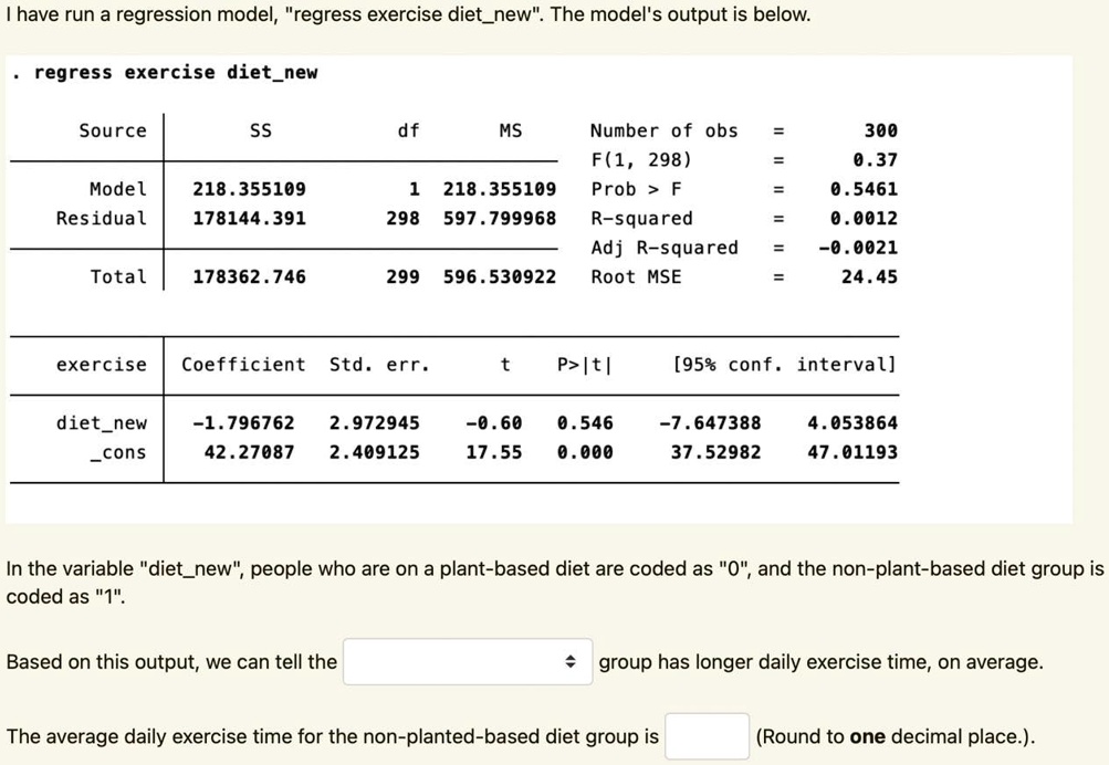 SOLVED: Only Correct Answer required I have run a regression model,"regress exercise dietnew ...