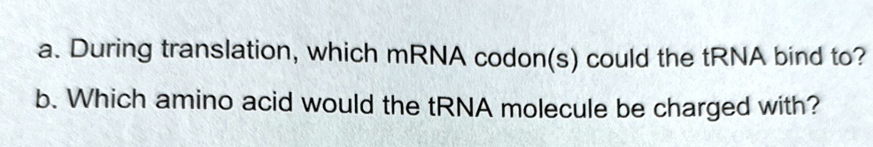 a. During translation, which mRNA codon(s) could the tRNA bind to? b. Which amino acid would the ...