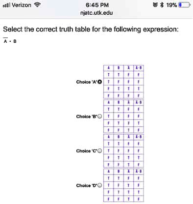 SOLVED: Select the correct truth table for the following expression: A ...