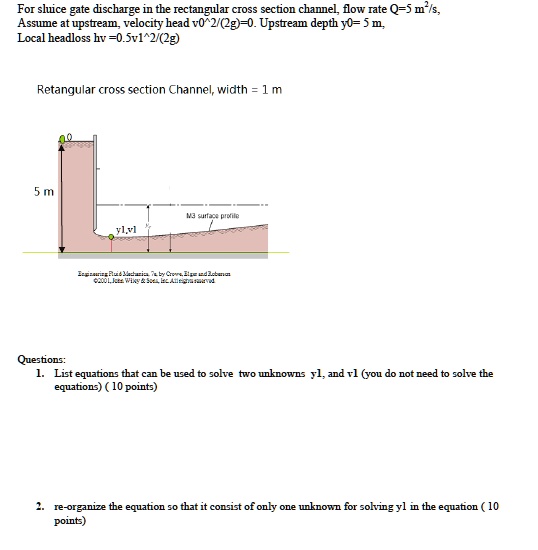 For sluice gate discharge in the rectangular cross section channel, flow rate Q=5 m²/s, Assume ...