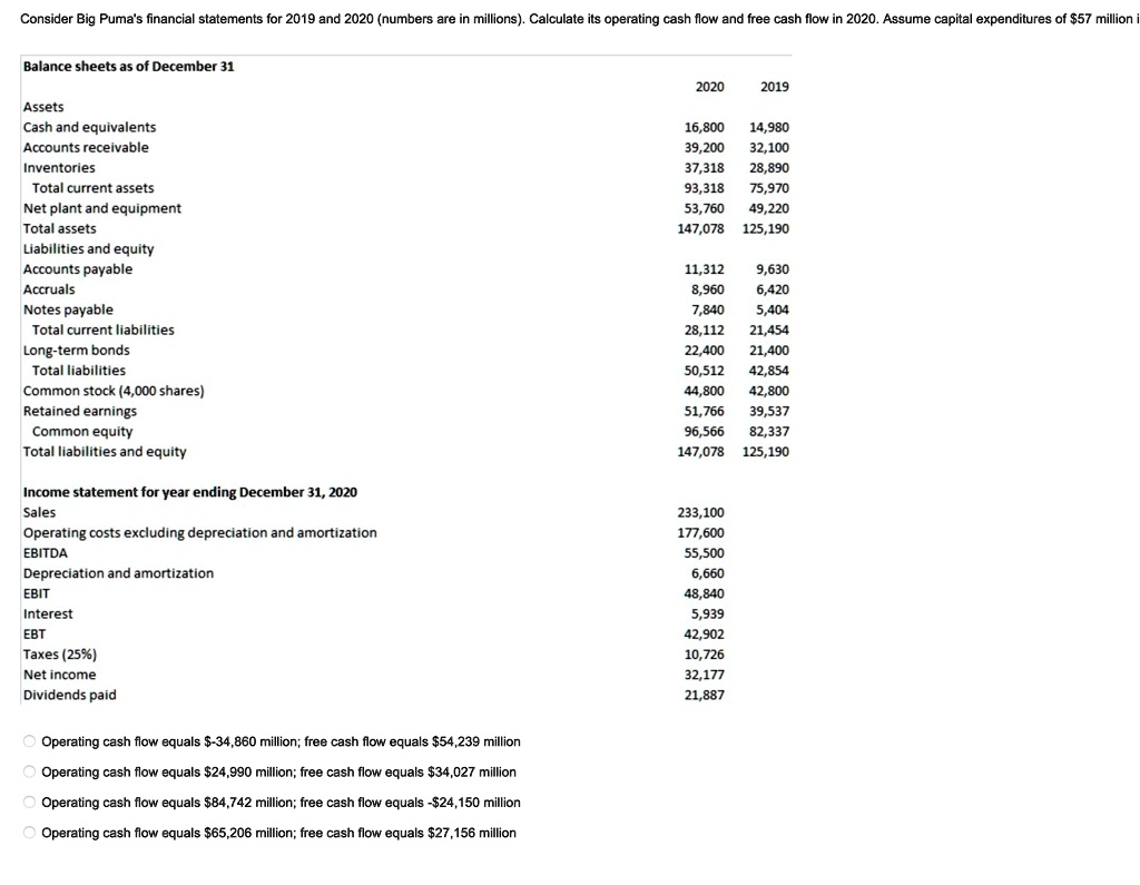 SOLVED: Consider Big Puma's financial statements for 2019 and 2020 ...