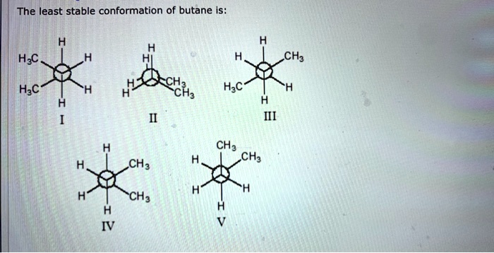 SOLVED: The least stable conformation of butane is: H3C - CH3 H3C- Sch, H3C CH3 CH3 CH3 CH3 IV