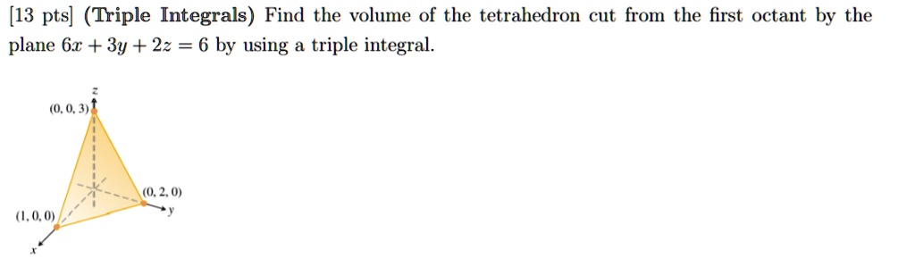 SOLVED: [13 pts] (Triple Integrals) Find the volume of the tetrahedron cut from the first octant ...