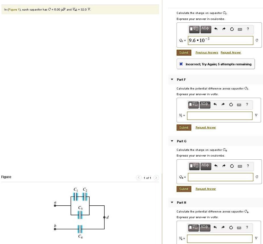SOLVED:(Figure 1) each capacitor has 0 =5.00 {F and Vas 32.0 V. Calculate the chane capacitor ...